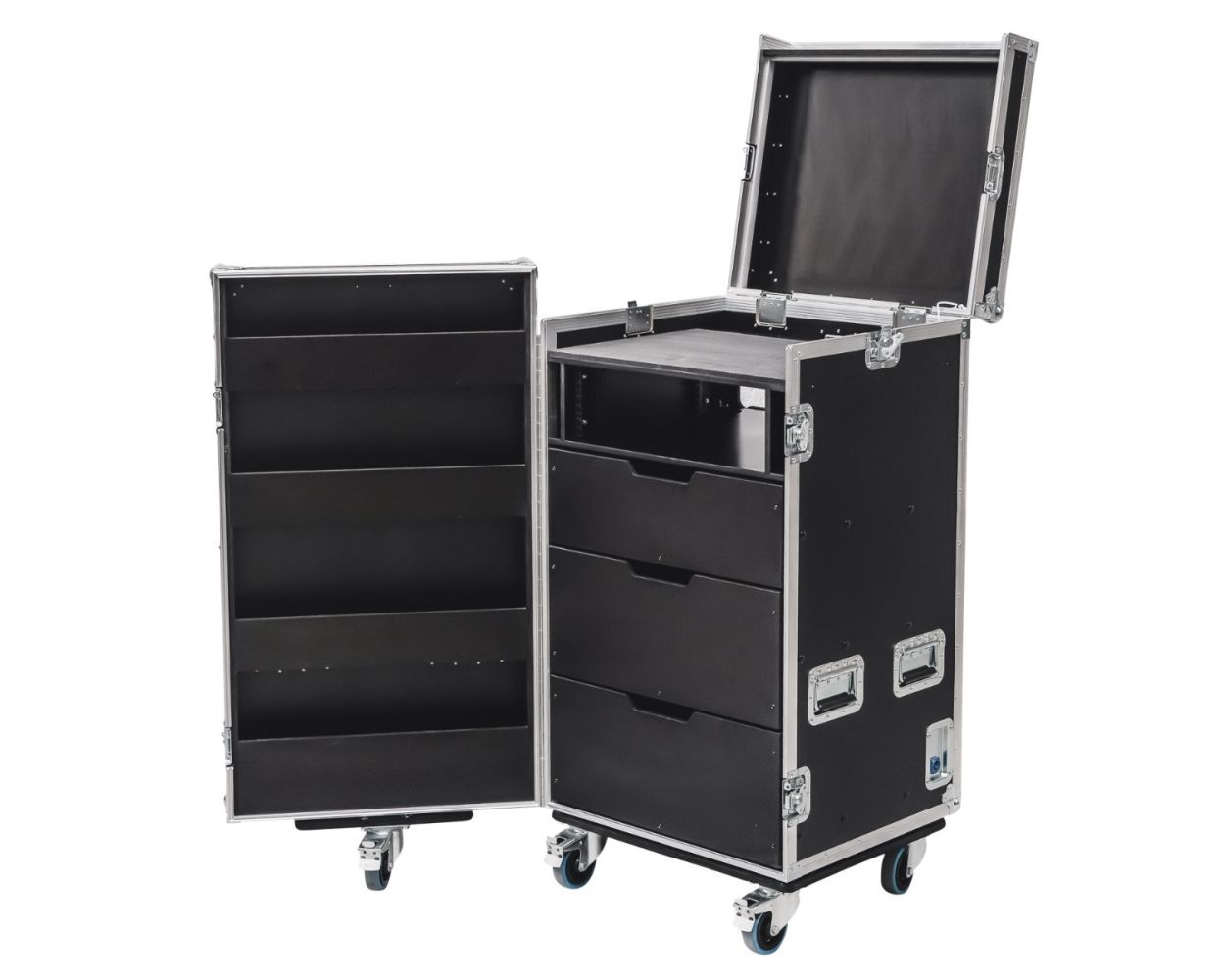 3 Drawer Tech Flight Case with 3U Rack & Hinged Lids | NSP Cases